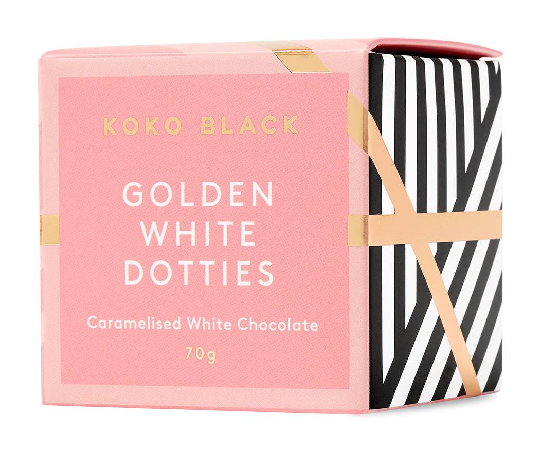 Koko Black Caramelised White Chocolate Golden White Dotties Cube ...