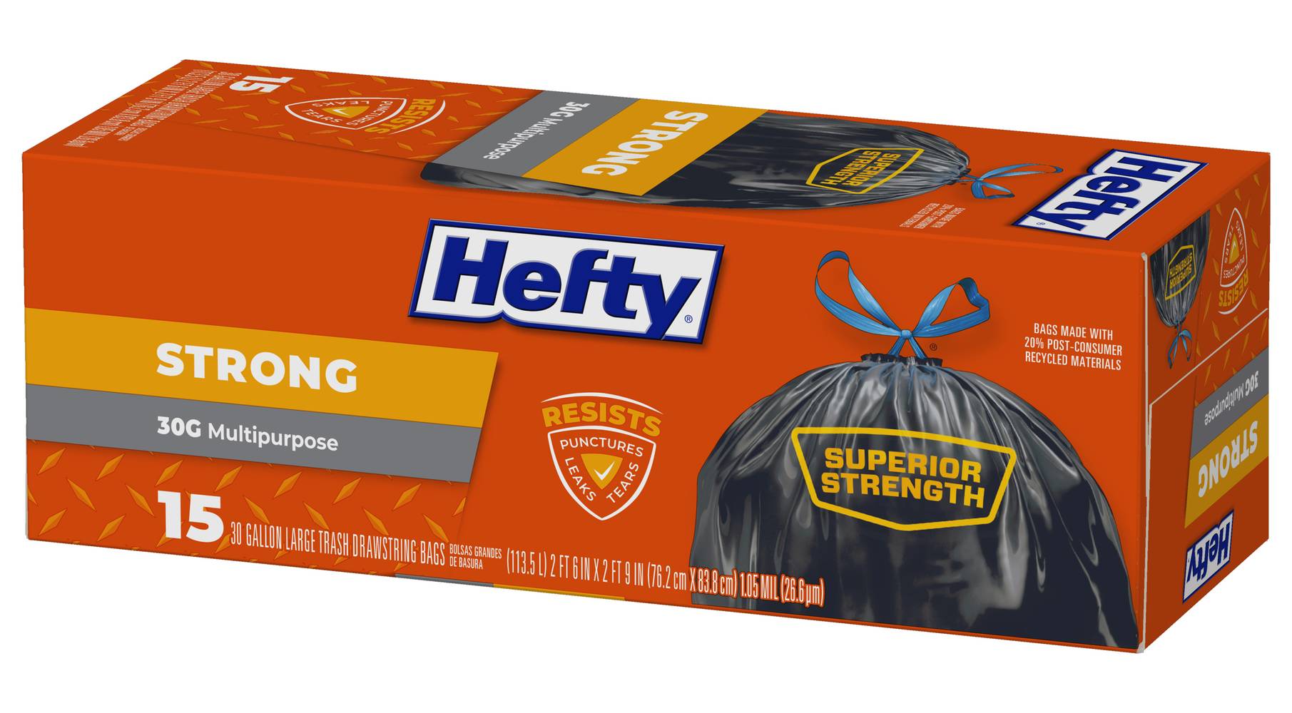 Hefty 30 Gallon Multipurpose Large Drawstring Trash Bags (1 lbs, 15 ct ...