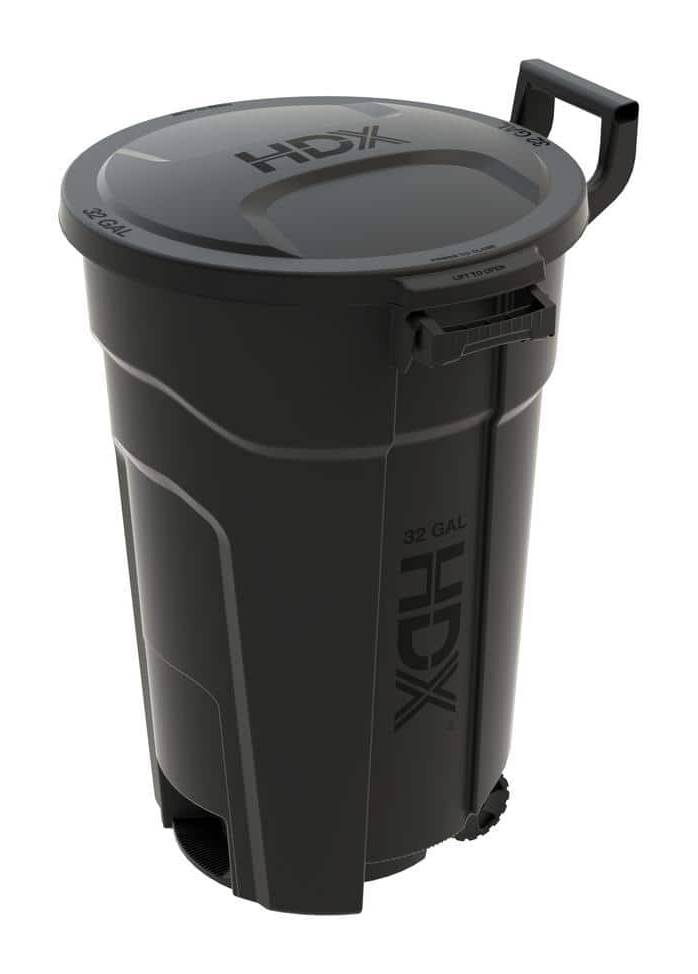 HDX Outdoor Vented Trash Can With Wheels 32 Gal, Black | Postmates