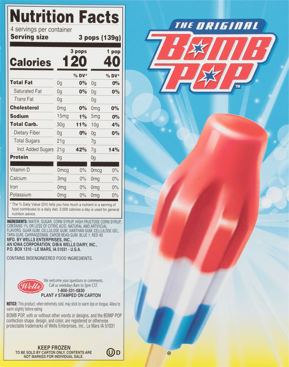 Bomb Pop The Original Ice Pops, Cherry Lime & Blue Raspberry (12 x 1.75 ...