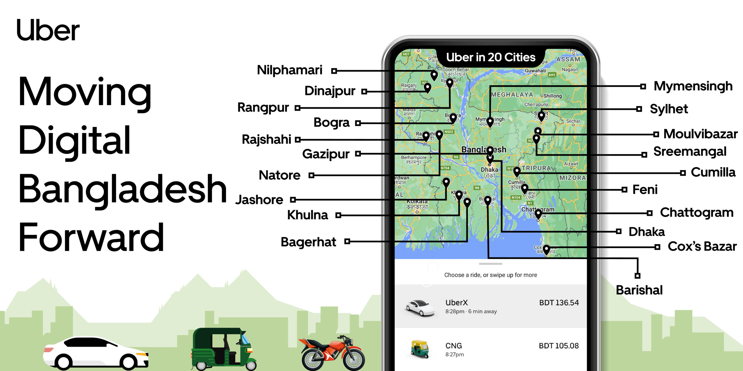 Uber expands services to 20 cities across all 8 Divisions in Bangladesh
